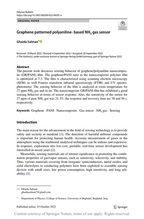 Graphene Patterned Polyaniline Based Nh3 Gas Sensor Request Pdf