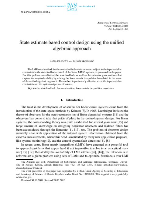 Pdf State Estimate Based Control Design Using The Unified Algebraic
