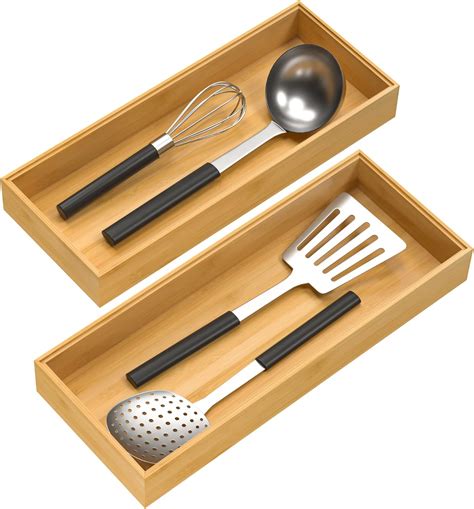 Veyfey Bamboo Drawer Organizer Stackable Utensil Organizer For Kitchen Bamboo