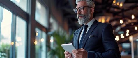 Premium Photo A Man In A Suit And Tie Holding A Tablet