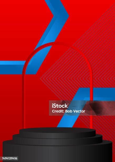 검정 파랑 및 빨강 최소한의 기하학적 형태 빈 장면 추상 벡터 3d 방입니다 미래 지향적인 실린더 받침대 연단 모형 제품 디스플레이 프레젠테이션을 위한 무대 쇼케이스 0명에