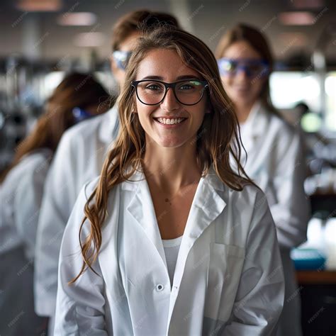 Premium Photo Young Female Scientist In White Coat And Glasses In
