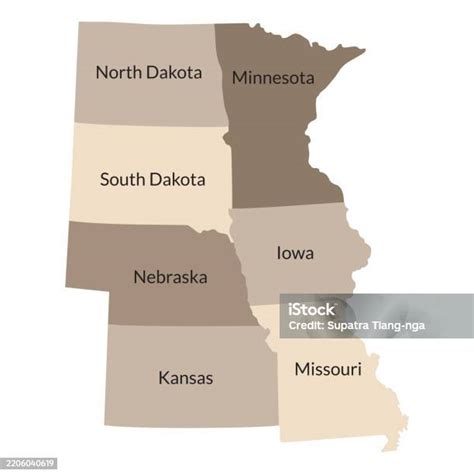 미국 서부 북부 중부 지역 미국지도는 West North Central의 구역으로 나뉘며 각 주를 갈색으로 표시합니다 0명에