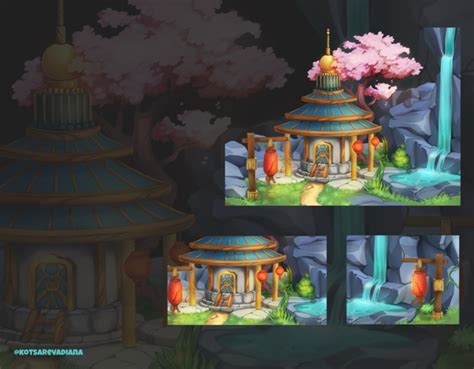 Иллюстрация Домик у водопада в стиле 2d