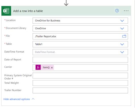 when a email arrives create file and add row to e power platform