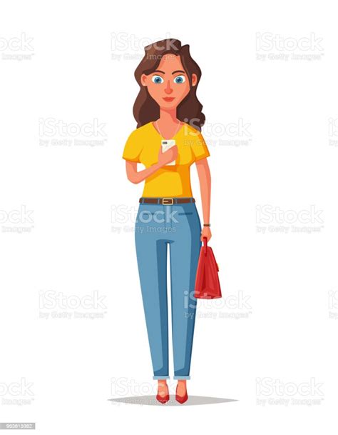 가제트와 함께 행복 한 소녀입니다 쾌활 한 아름 다운 여자입니다 만화 벡터 일러스트 레이 션 한 명의 여자만에 대한 스톡 벡터