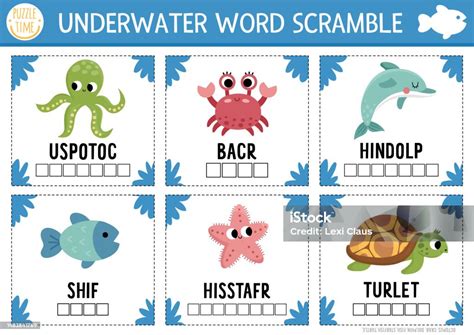 바다 단어 스크램블 활동 페이지 아래의 벡터입니다 아이들을 위한 문어 돌고래 거북이 해마와 함께하는 영어 게임 불가사리와 물고기가 있는 해양 생물 가족 퀴즈 교육용 인쇄용