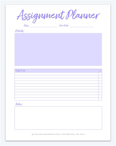 Printable Homework Planner Template For College Students