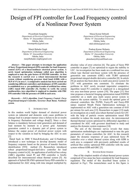 Pdf Design Of Fpi Controller For Load Frequency Control Of A Nonlinear Power System