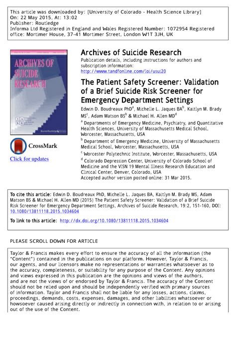 Pdf The Patient Safety Screener Validation Of A Brief Suicide Risk Screener For Emergency
