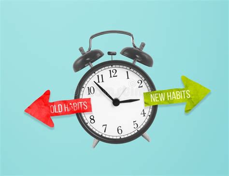Old Habits Vs New Habits Red Arrow And Green Arrow With Alarm Clock Stock Image Image Of
