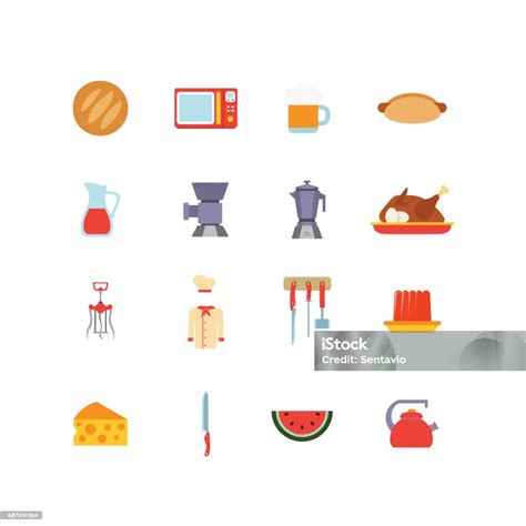 부엌 물건 요리 및 음식 플랫 디자인 아이콘 벡터 세트 빵 전자 레인지 맥주 핫도그 물병 민 서 여과기 머그잔 로스트 터키 타래