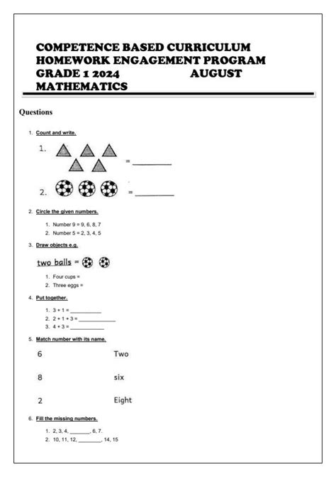 Grade 1 Mathematics August 2024 Holiday Assignment 16665