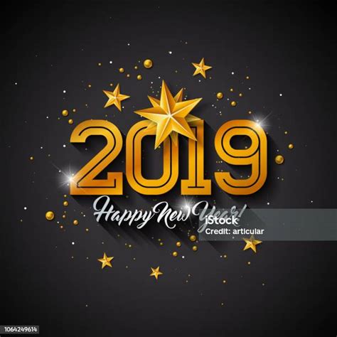 행복 새 해 2019 그림 인쇄 술 편지 골드 컷아웃 종이 스타와 검은 배경에 장식 공 프리미엄 인사말 카드 파티 초대장 또는 프로 모션 배너 벡터 휴가 디자인 12월 31