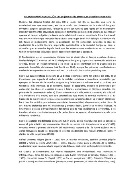 Modernismo Y Gen 98 Tema Evau Para Reescribir Pdf