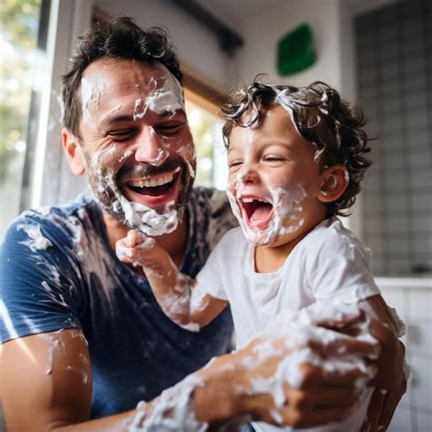 Premium Photo Father And Son Having Fun In A Bathroom