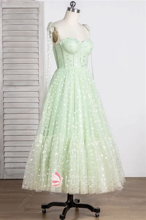 Shiny Heart Tulle Apple Green Tea Length Party Dress Lunss