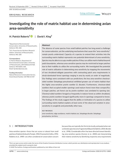 Pdf Investigating The Role Of Matrix Habitat Use In Determining Avian Areasensitivity
