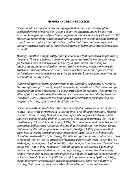 Memory Lecture Notes MEMORY AND BRAIN PROCESSES Research Into Memory Processes Has Studocu