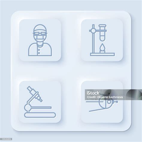 라인 어시스턴트 화재 히터의 유리 시험관 플라스크 현미경 및 위성을 설정합니다 흰색 사각형 버튼입니다 벡터 건강 검진에 대한 스톡 벡터 아트 및 기타 이미지 Istock