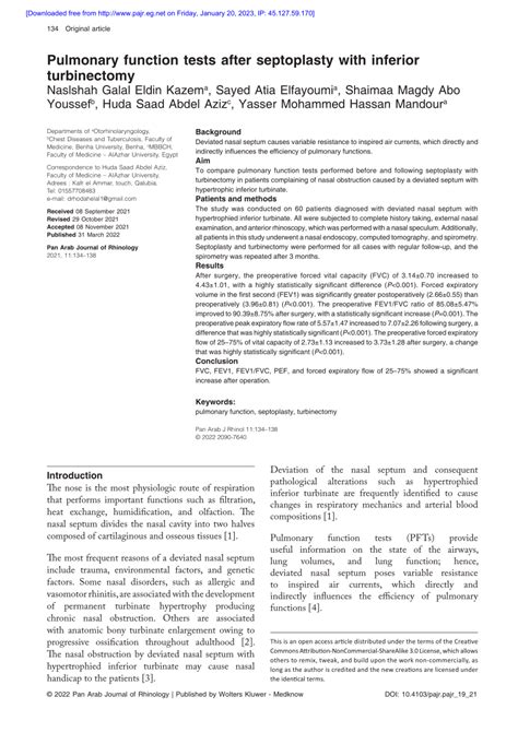 Pdf Pulmonary Function Tests After Septoplasty With Inferior Turbinectomy