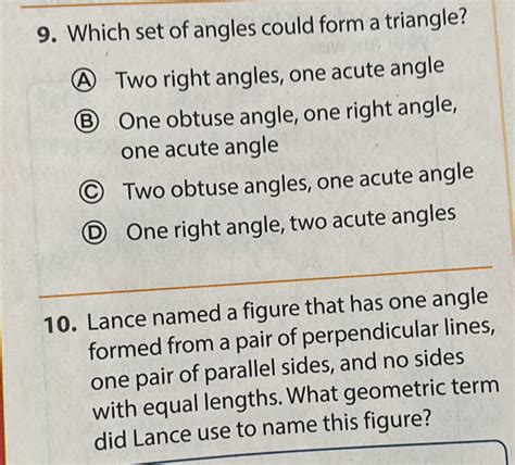 Solved Which Set Of Angles Could Form A Triangle A Two Right Angles One Acute Angle Ⓑ One