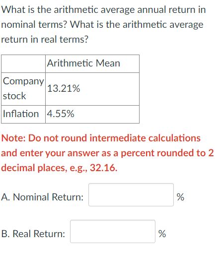 Solved What Is The Arithmetic Average Annual Return