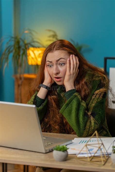 Displeased Sad Office Woman Using Laptop Working Loses Bad News