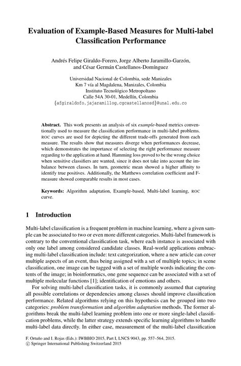 Pdf Evaluation Of Example Based Measures For Multi Label