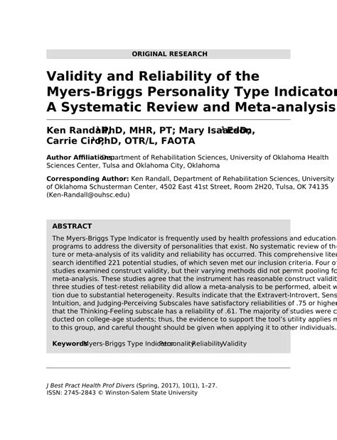 Systematic Review Of Mbti Validity And Reliability Studies