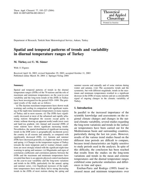 Pdf Spatial And Temporal Patterns Of Trends And Variability In Diurnal Temperature Ranges Of