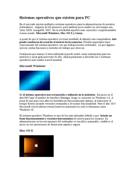 Sistemas Operativos Para Pc Pdf Microsoft Windows Mac Os