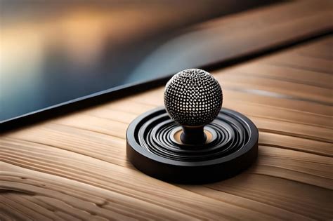 Premium AI Image A Microphone Sits On A Wooden Table With A Screen Behind It