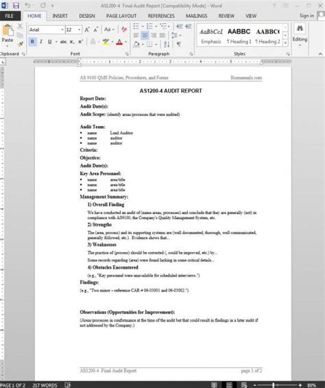As9100 Audit Report Template Word Report Template Internal Audit