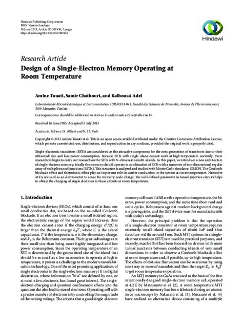 Pdf Design Of A Single Electron Memory Operating At Room Temperature
