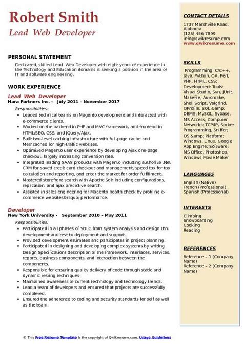 lead web developer resume samples qwikresume
