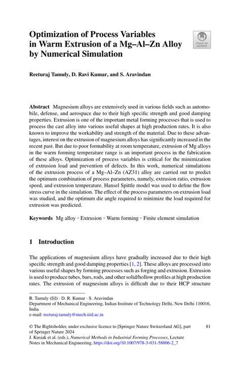 pdf optimization of process variables in warm extrusion of a mg al zn
