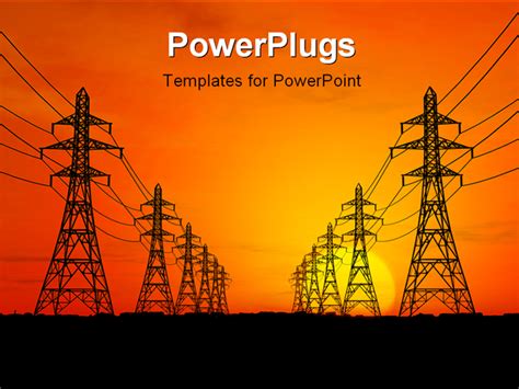 PowerPoint Template High Voltage Electric Power Lines With Sunrise