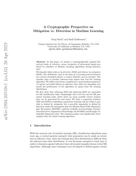 Pdf A Cryptographic Perspective On Mitigation Vs Detection In Machine Learning