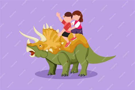그래픽 플랫 디자인 드로잉 트리케라톱스를 함께 타고 있는 사랑스러운 작은 소년과 소녀 원시인 공룡 뒤에 앉아 있는 아이 석기 시대 어린이 고대 인간 생활 만화 스타일 벡터