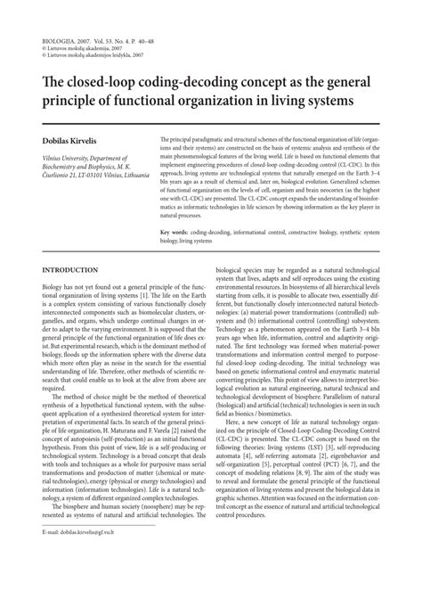 Pdf The Closed Loop Coding Decoding Concept As The General Principle Of Functional
