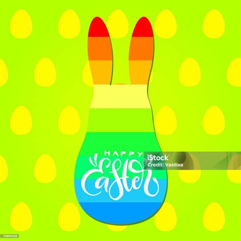 계란 패턴와 녹색 배경에 무지개 토끼 실루엣으로 행복 한 부활절 붓글씨 비문 벡터 크리스마스 카드입니다 계절에 대한 스톡 벡터 아트 및 기타 이미지 Istock