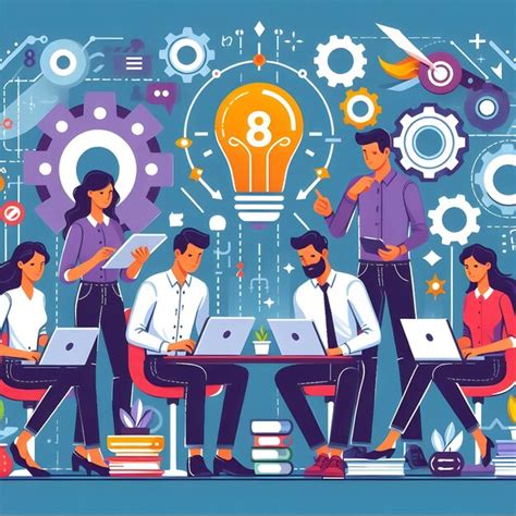 Flat Design As Product Team Collaborating On New Features Concept As A Vector Illustration Of A