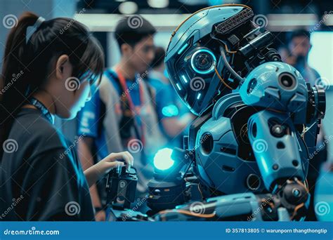 Girl Interact With Engineering Humanoid In Robot Science Fair Project Stem Education And