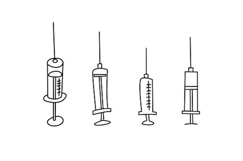 의료 주사기의 집합입니다 손으로 그린 윤곽간 낙서 의료 용품 치료 및 바이러스로부터 보호하기 위해 약물 코비드19 코로나바이러스 흰색 배경에 격리 벡터 Eps10