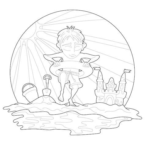 여름 재미 색칠 페이지 해변의 소년 어린이와 성인을 위한 안티스트레스 프리미엄 벡터