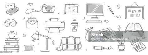 사무용 낙서 세트 사무실 컴퓨터 업무용 책상 노트북 낙서 아이콘 손으로 그린 스케치 스타일 그림입니다 비즈니스 학교 교육 손으로