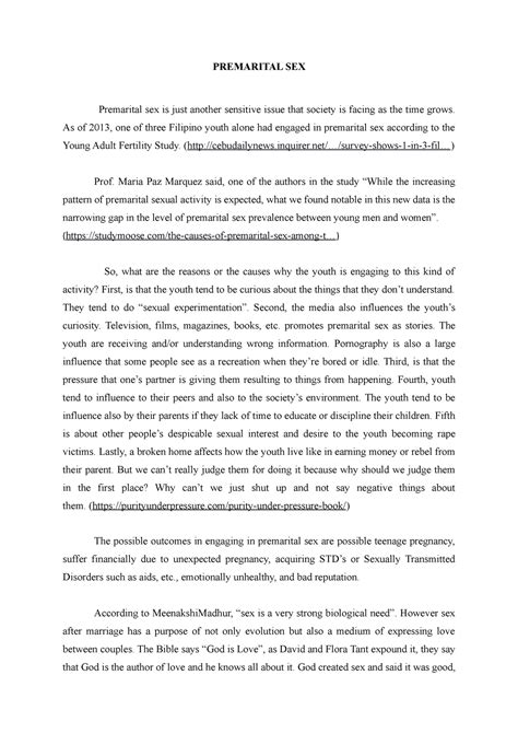 Pre Marital Sex Concept Paper PREMARITAL SEX Premarital Sex Is Just Another