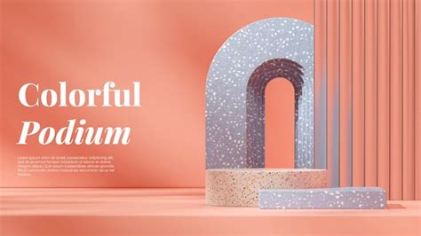 3d рендеринг шаблон макета терраццо текстура подиум в пейзаже розовая стена синяя арка и стекло