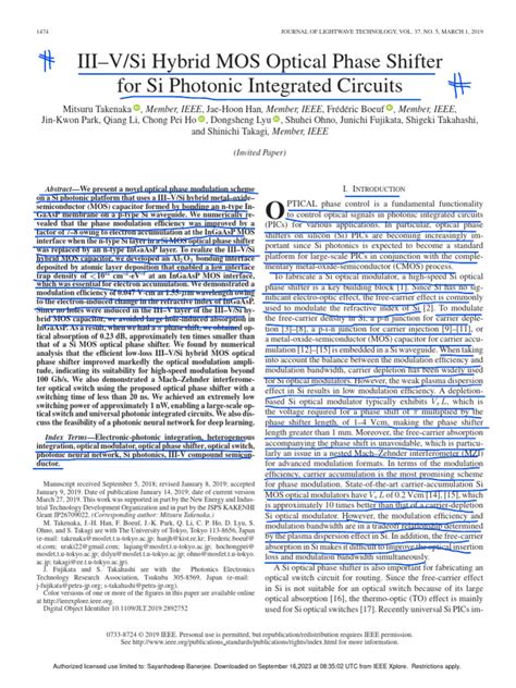 Iiiv Si Hybrid Mos Optical Phase Shifter For Si Photonic Integrated Circuits Pdf Mosfet